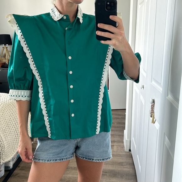 Vintage | Tops | Vintage Helene Straber Button Up Lace Trim Blouse Made ...